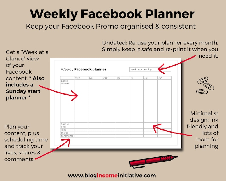 Weekly Facebook Planner Printable Facebook Planner Facebook | Etsy