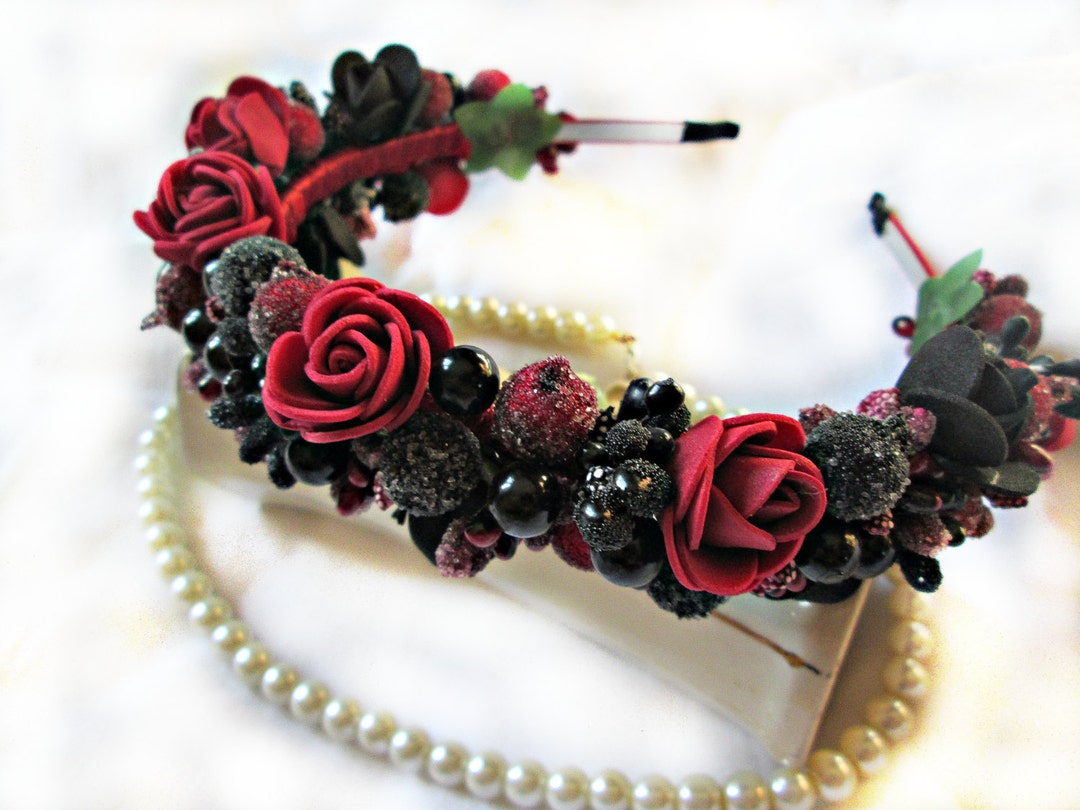 Red Rose Flower Crown,flower Crown,black Rose Headband,burgundy and ...