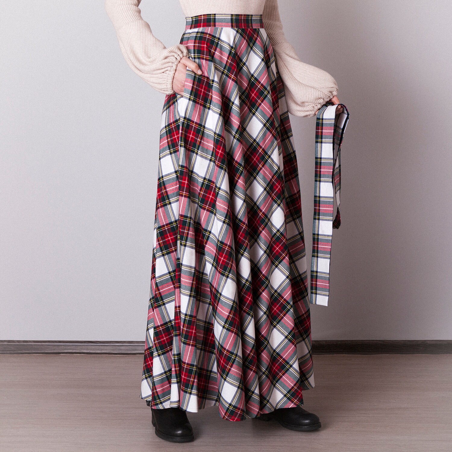 Flared White Plaid Skirt With Pockets. Long White Tartan Skirt With ...