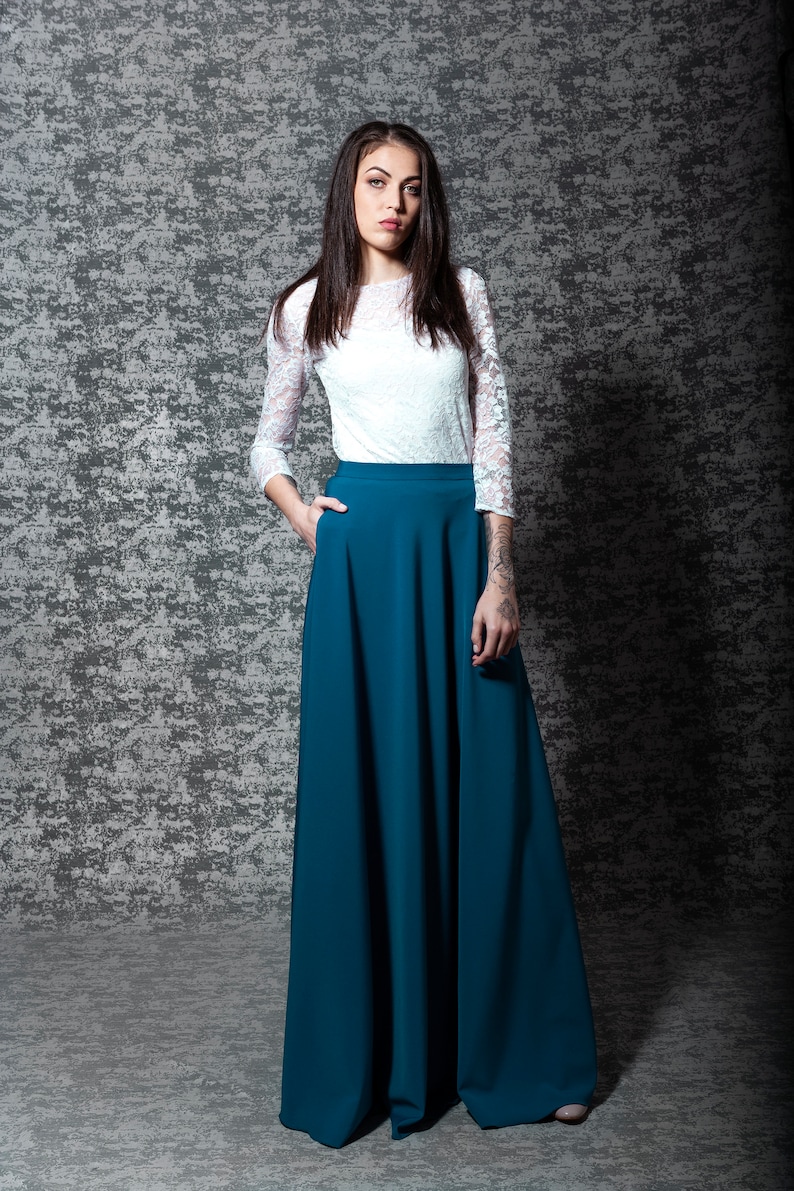Long Teal Skirt With Pockets. Bridesmaid Skirt Floor Length. - Etsy