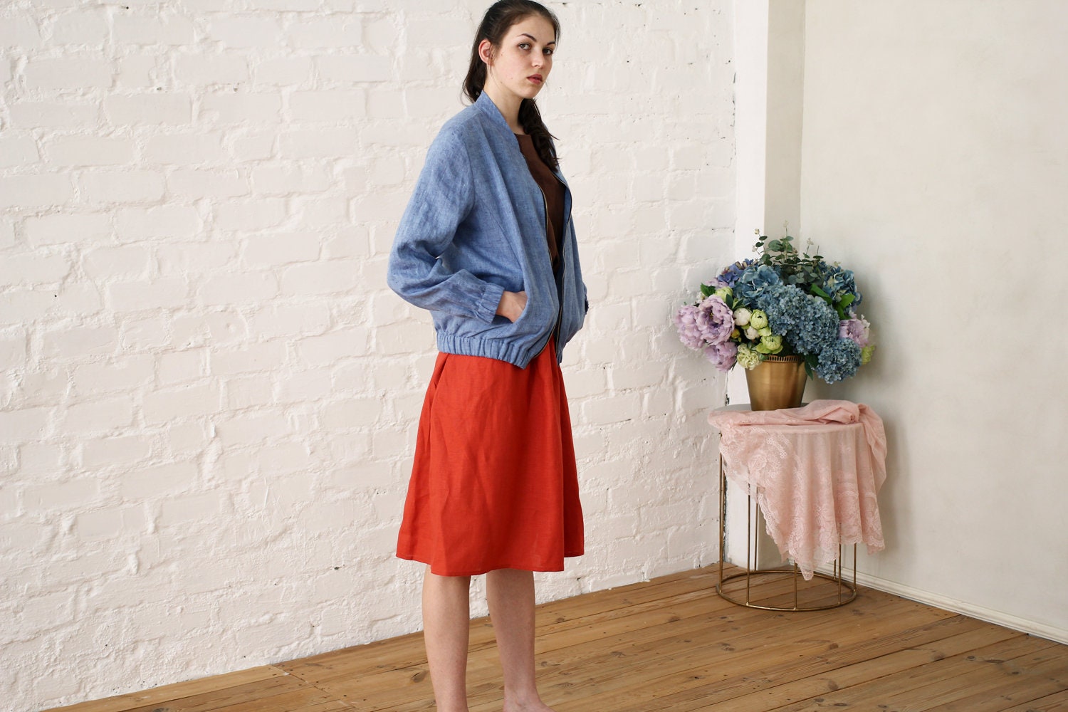 Linen Bomber Jacket Women. Blue Linen Jacket With Long Sleeves. Linen ...