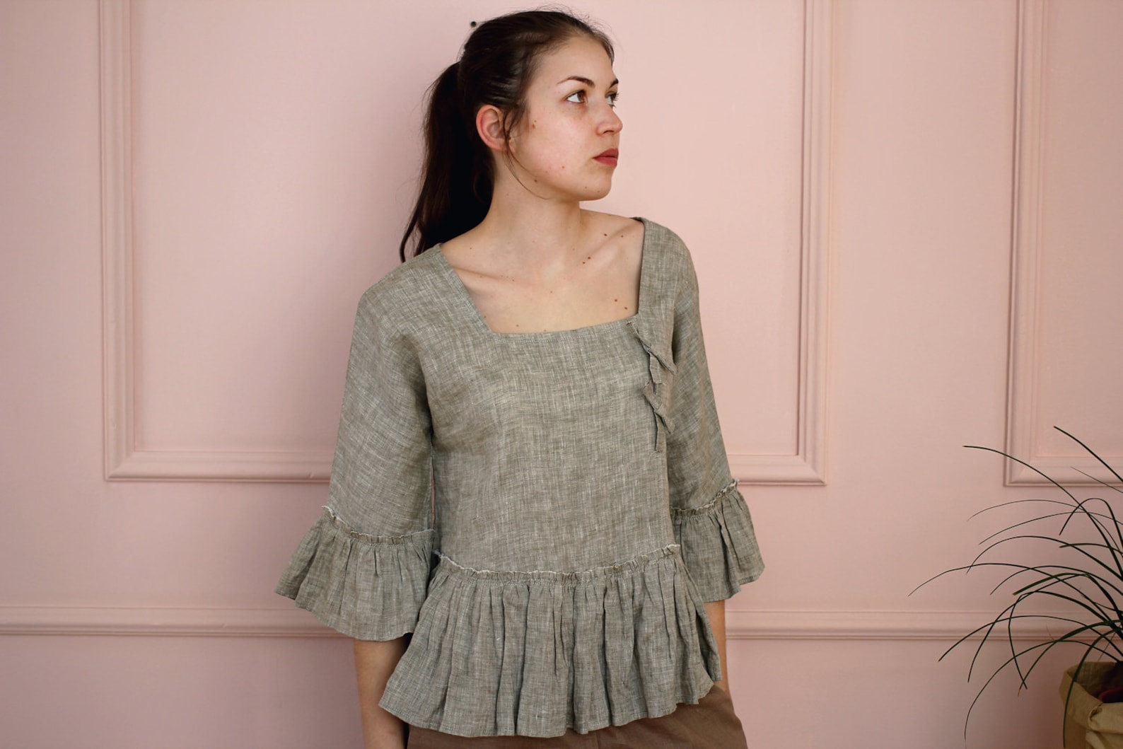 Linen ruffle top with sleeves. Stylish womens linen blouse | Etsy