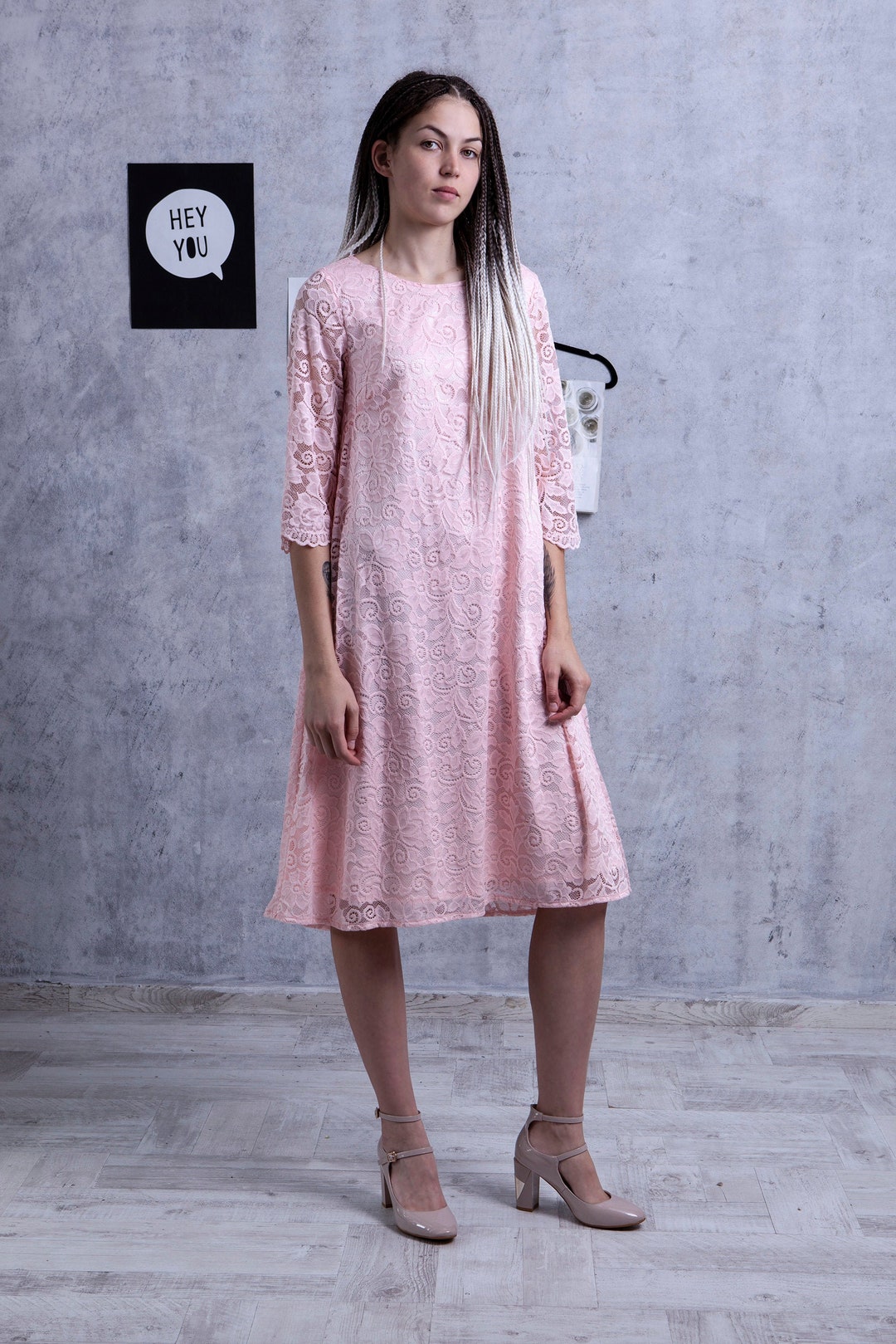 Blush Pink Flared Dress. Maternity Bridesmaid Dress. Lace Dress for ...