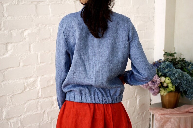 Linen Bomber Jacket Women. Blue Linen Jacket With Long Sleeves. Linen ...