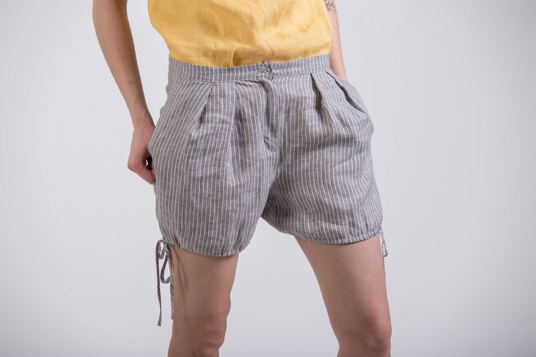 Striped Linen Shorts With Pockets. Mini Linen Bubble Shorts. Women ...