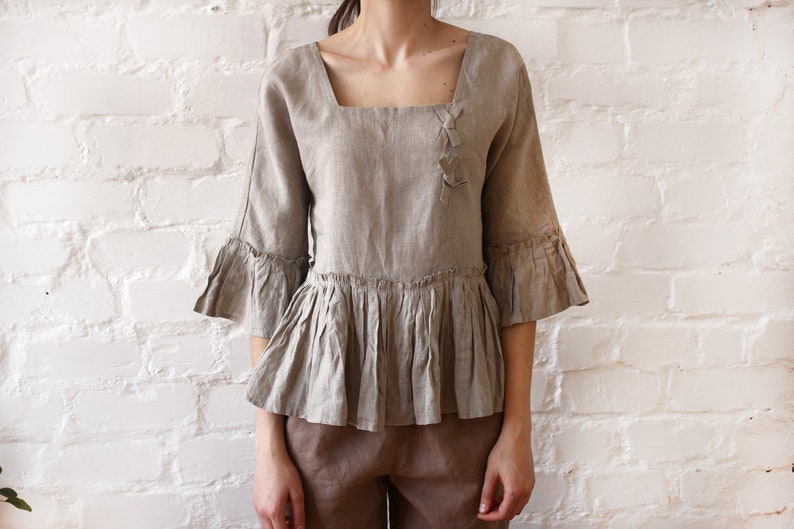 Linen Top With Ruffle Sleeves. Stylish Womens Linen Top Casual. Blouse ...
