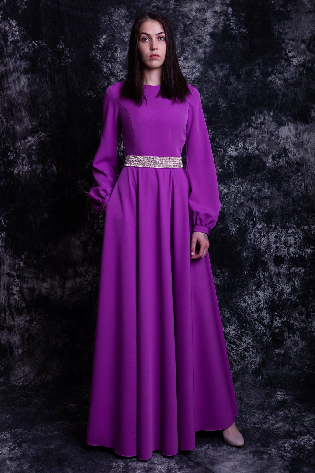 Violet Long Dress With Rhinestones Sash. Purple Prom Dress With Sleeve ...