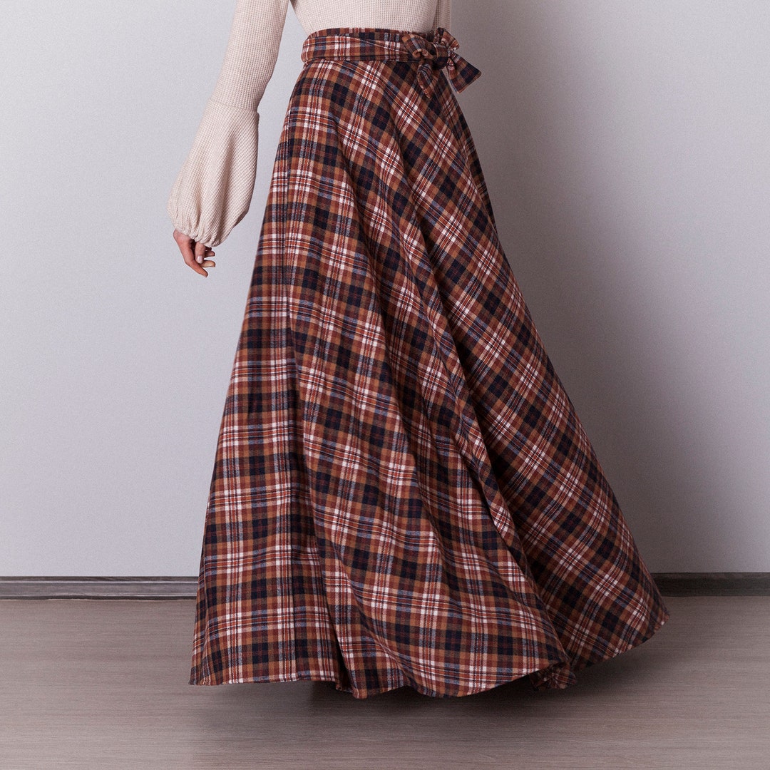 Flared Brown Plaid Skirt With Pockets. Long Brown Tartan Skirt With ...