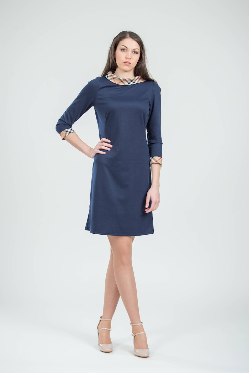 Navy Pencil Dress With Plaid Collar and Cuffs Womens Casual - Etsy
