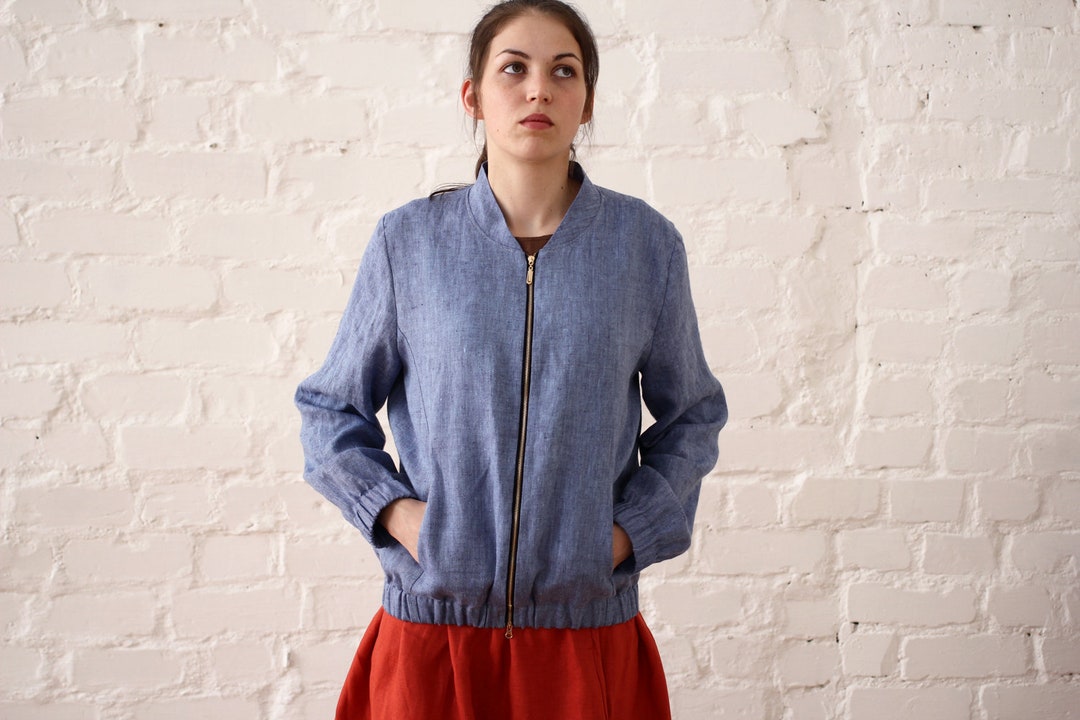 Linen Bomber Jacket Women. Blue Linen Jacket With Long Sleeves. Linen ...