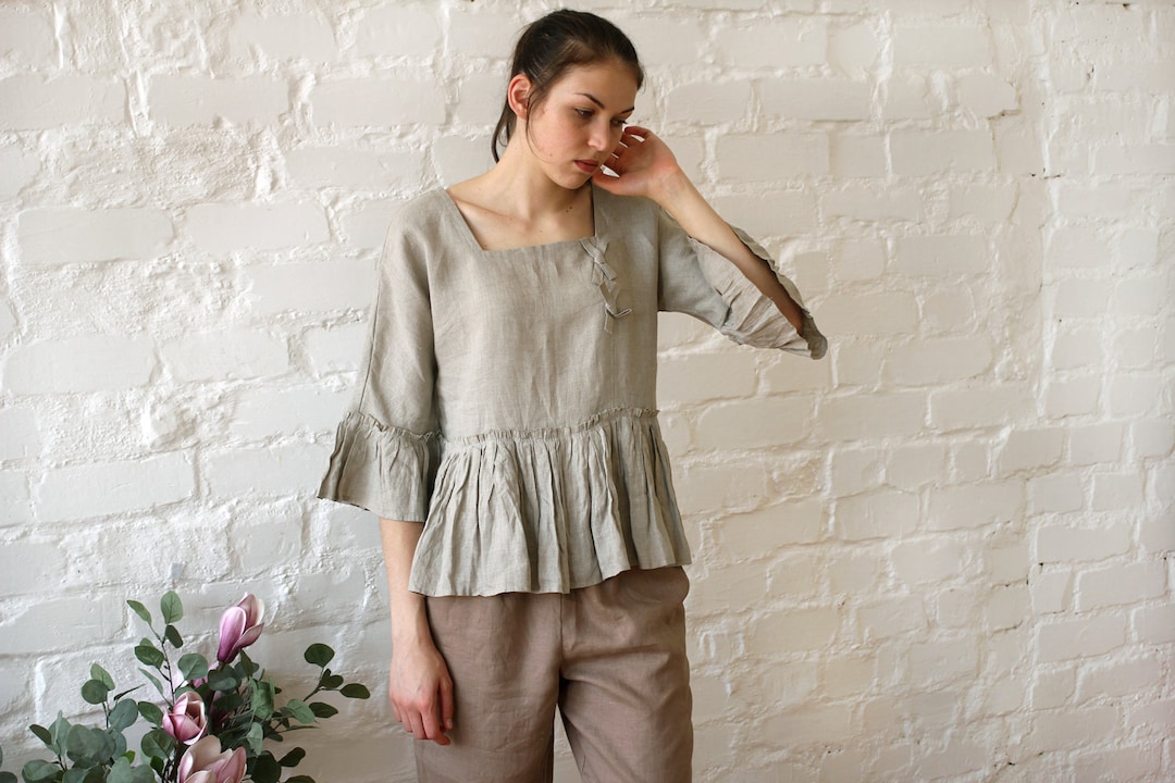 Linen Top With Ruffle Sleeves. Stylish Womens Linen Top Casual. Blouse ...