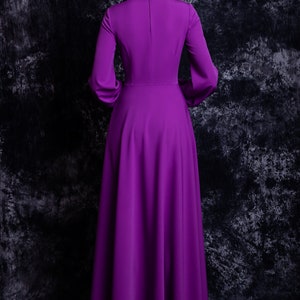 Violet Long Dress With Rhinestones Sash. Purple Prom Dress With Sleeve ...