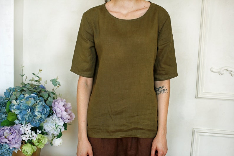 Loose linen t-shirt women. Simple linen top with sleeves. | Etsy