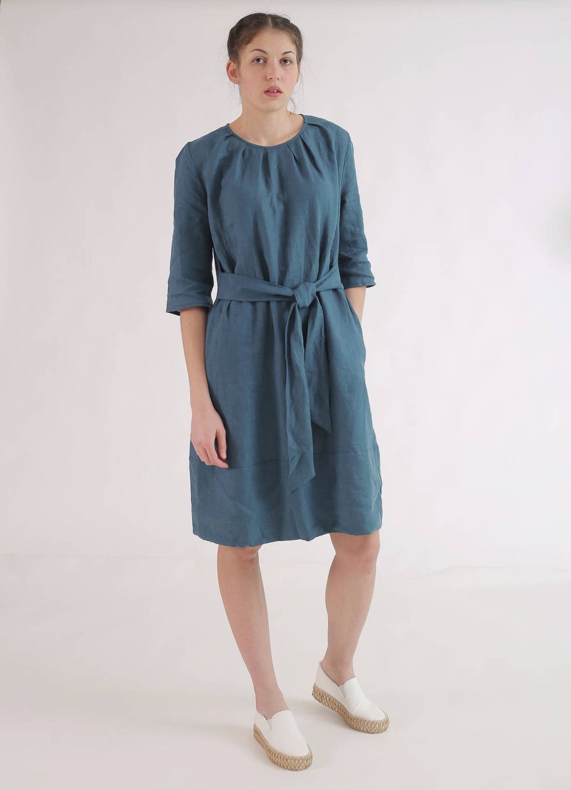 Teal Linen Dress With Sash. Natural Linen Womens Clothing Plus Size ...