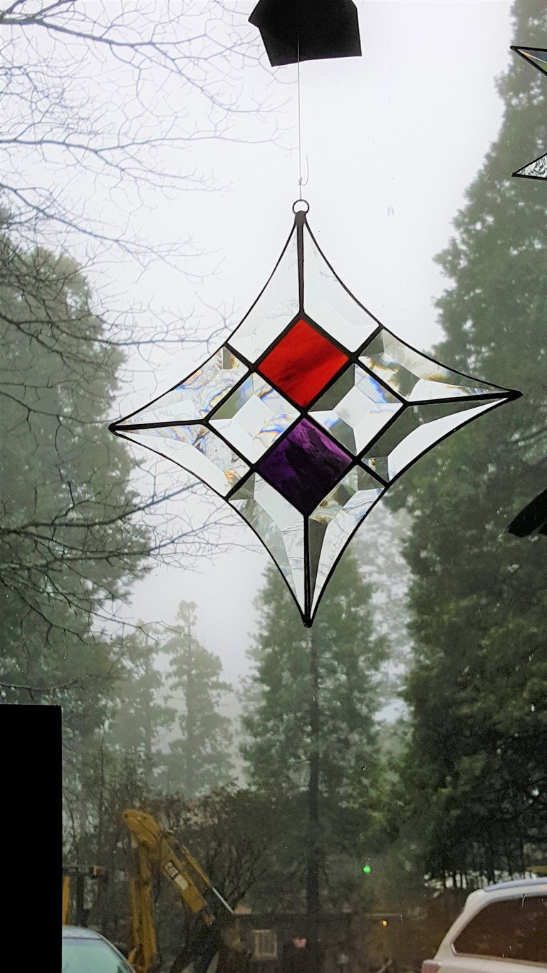 Beveled Glass Diamond With Red and Purple - Etsy