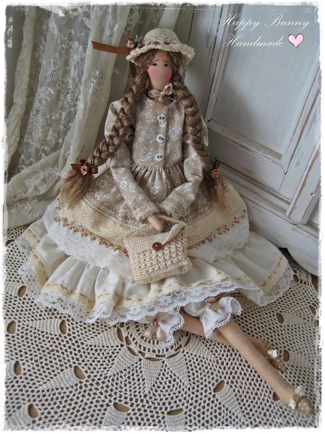 Handmade Textile Tilda Doll: Miss Luna, Lace Skirt, Crochet Bag - Etsy