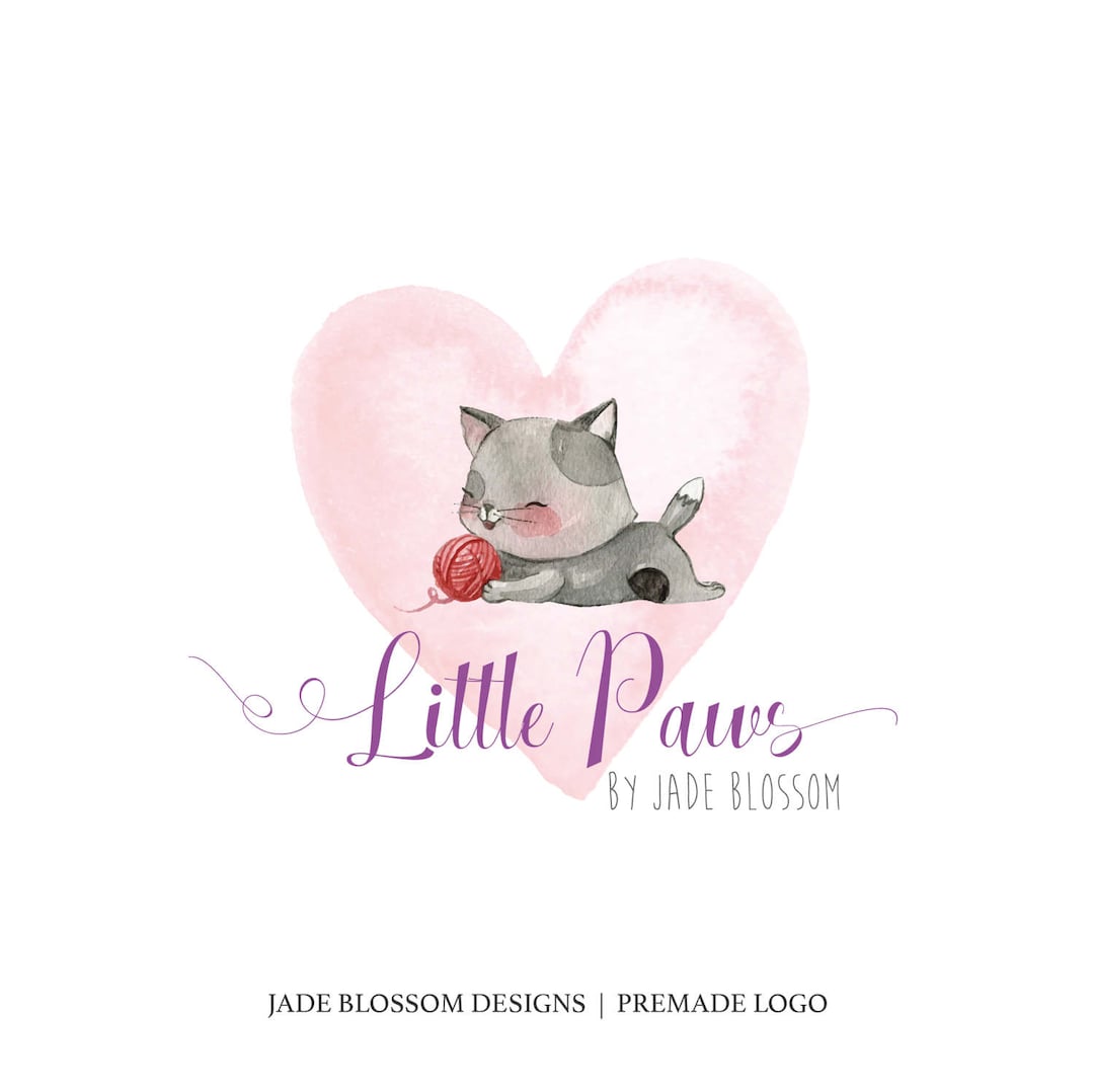 Premade Logo Watercolor Logo Cat Logo Watercolour Watermark Heart Logo ...