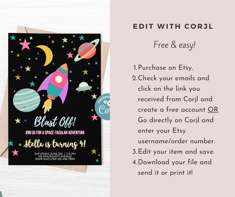Editable Blast off Birthday Party Invitation // Printable Pink - Etsy