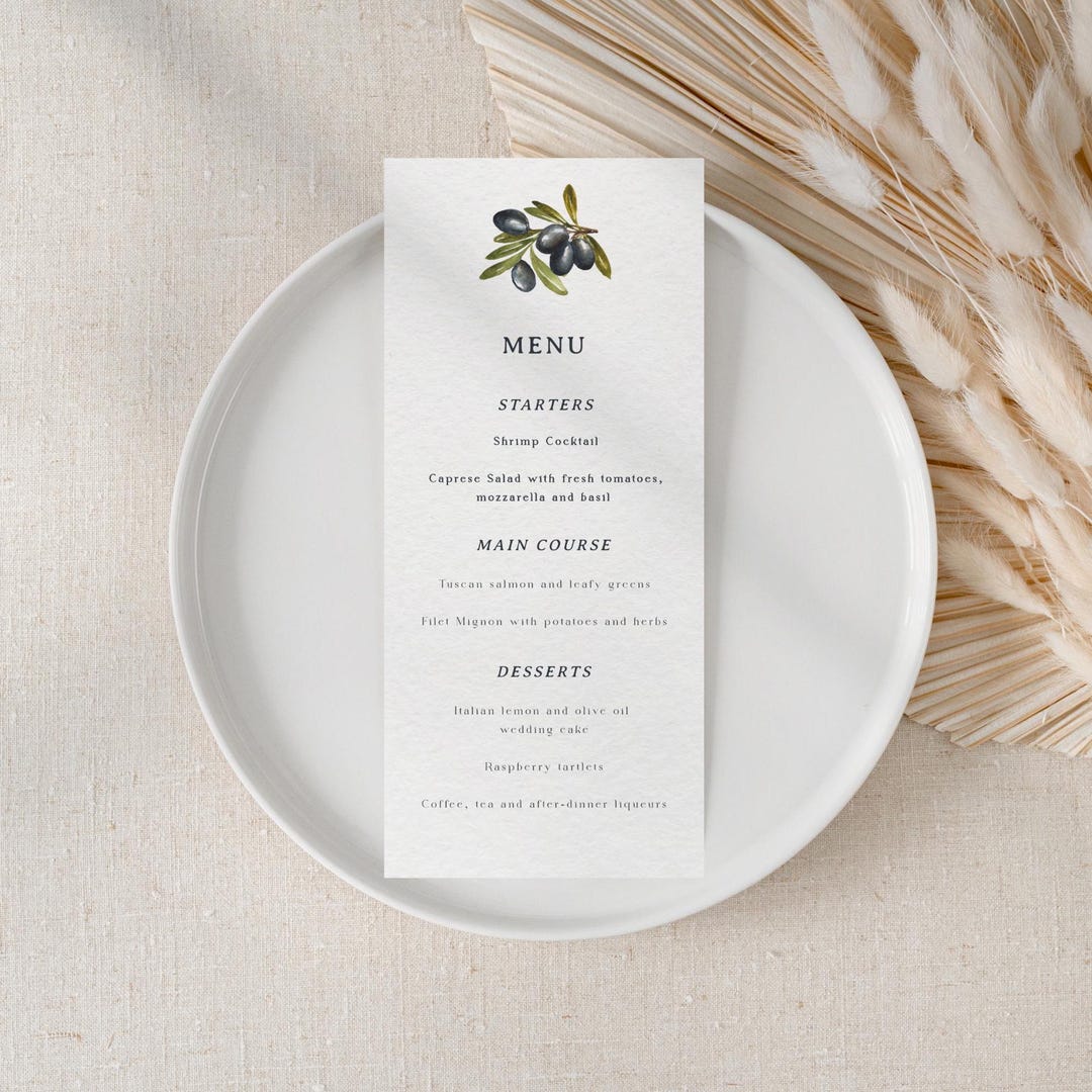 Olive Wedding Menu | Olive Tree Printable Wedding Menu | Editable Menu ...