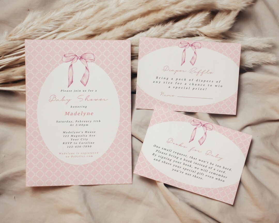CLARA Pink Bow Coquette Baby Shower Bundle Shabby Chic Invitation Books ...