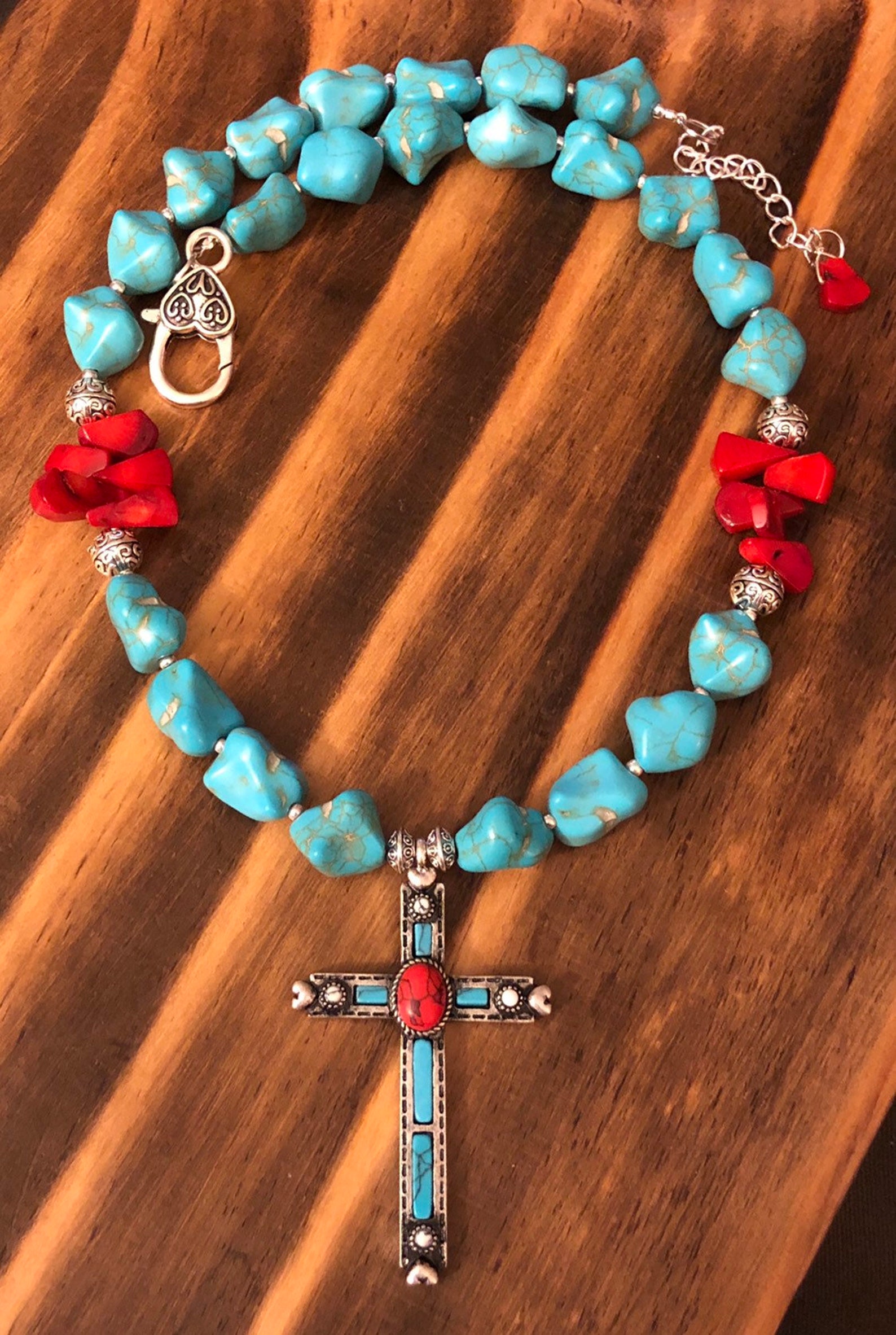 Turquoise & red coral necklace with turquoise/silver plated | Etsy