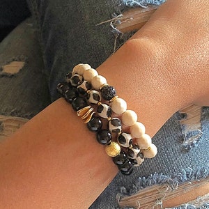 Set of 3 Bracelets, Onyx,riverstone With Plated Ball Charm & Tibet ...