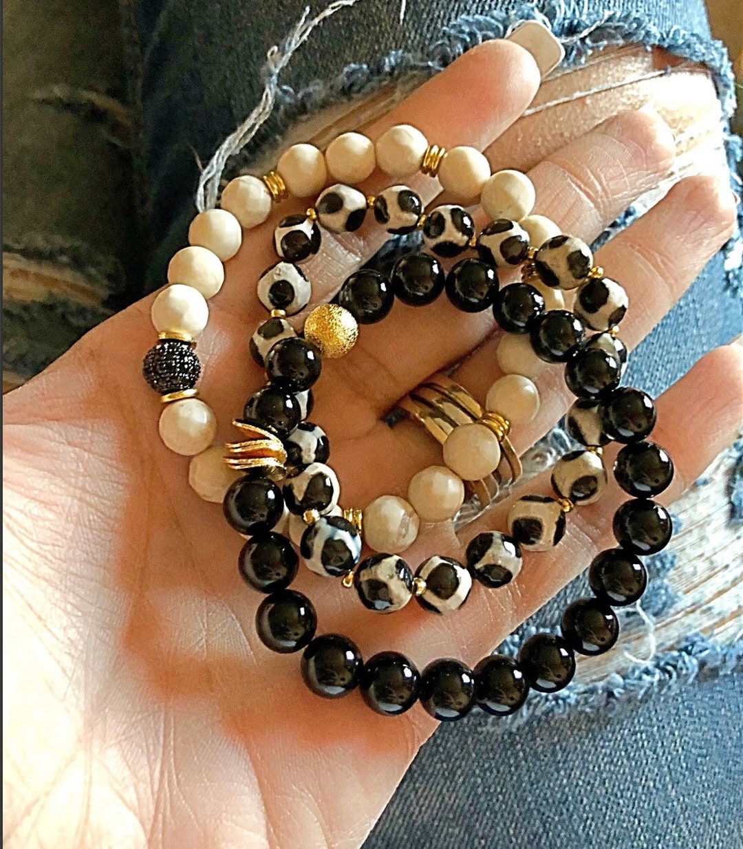 Set of 3 Bracelets, Onyx,riverstone With Plated Ball Charm & Tibet ...