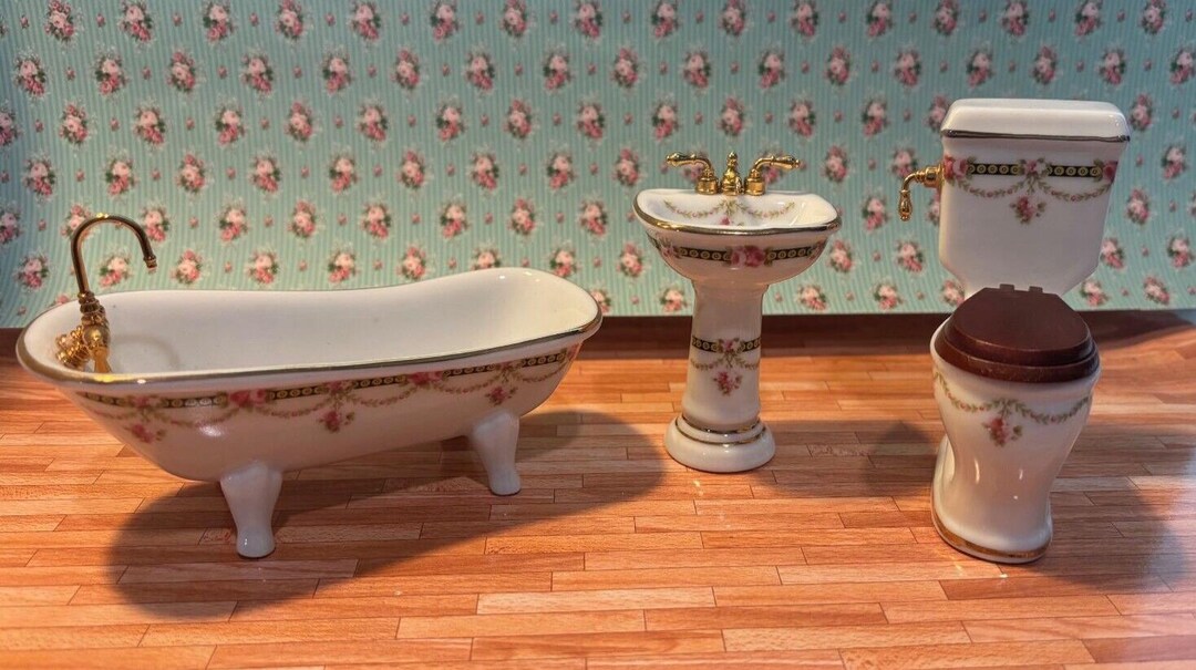 Reutter Porcelain - Dollhouse Miniature Victorian Rose 3-piece Bathroom ...