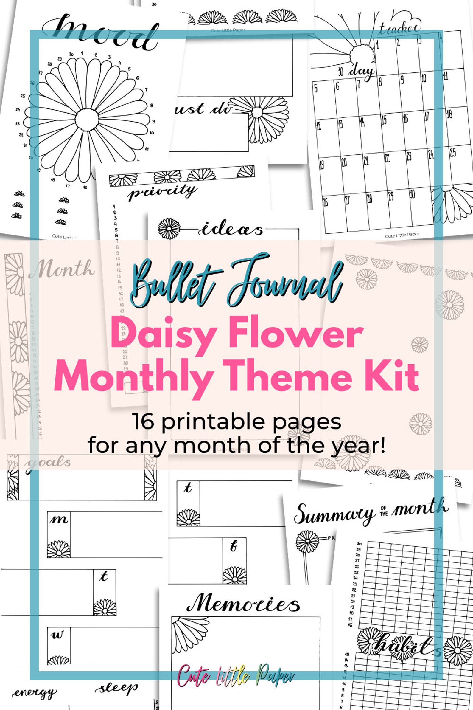 Bullet Journal Daisy Flower Theme Monthly Set. Printable Bullet Journal ...