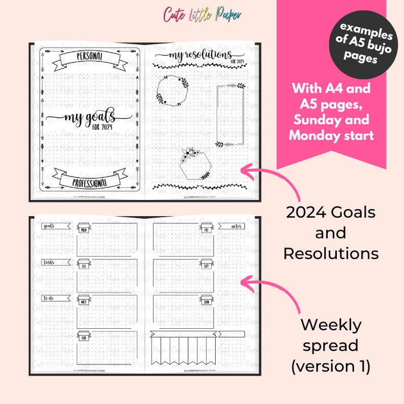 2024 Bullet Journal Template. 40 Pages Printable PDF. A4 & A5. Sunday and Monday Start. 2024 ...