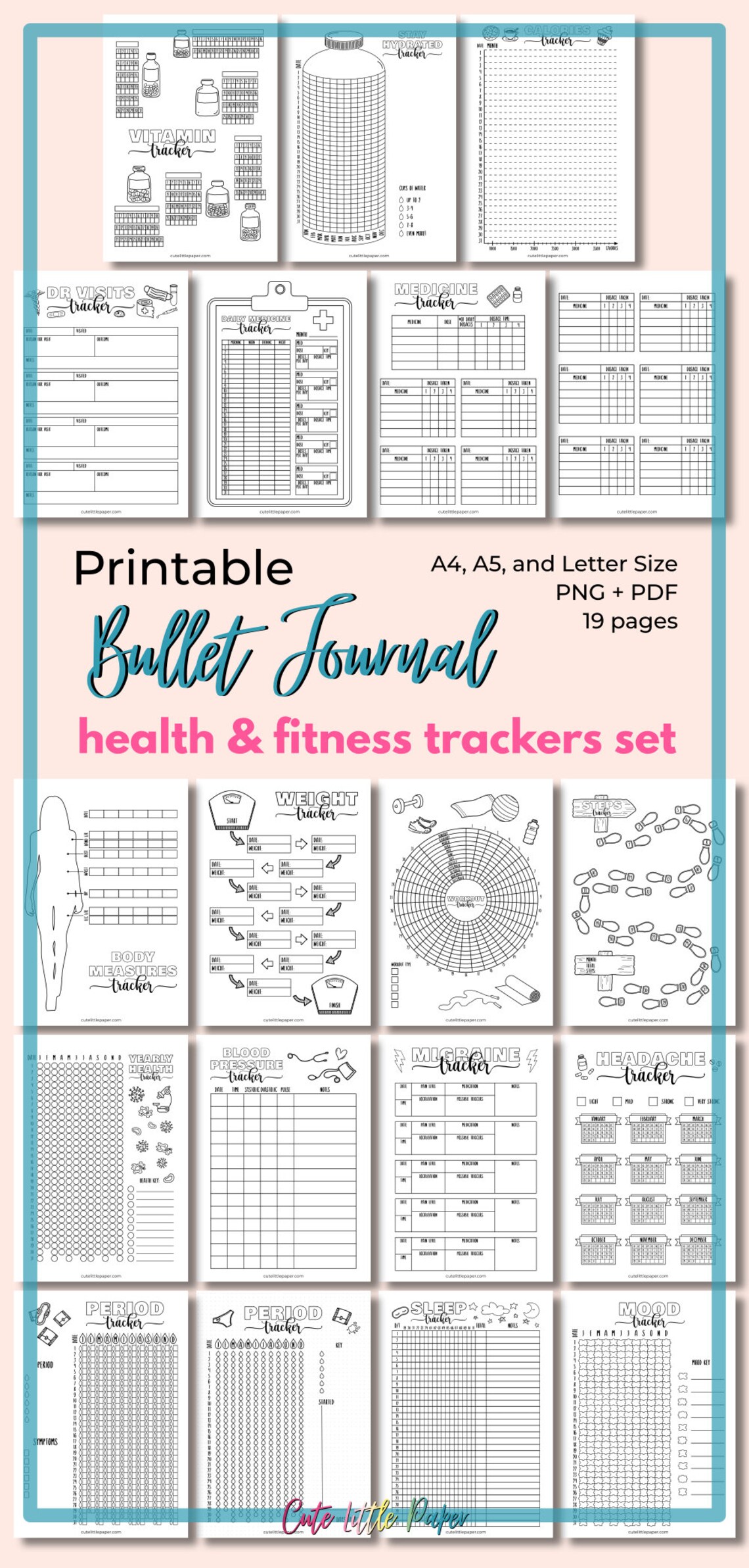 Bullet Journal Health & Fitness Trackers Set. 19 Printable - Etsy