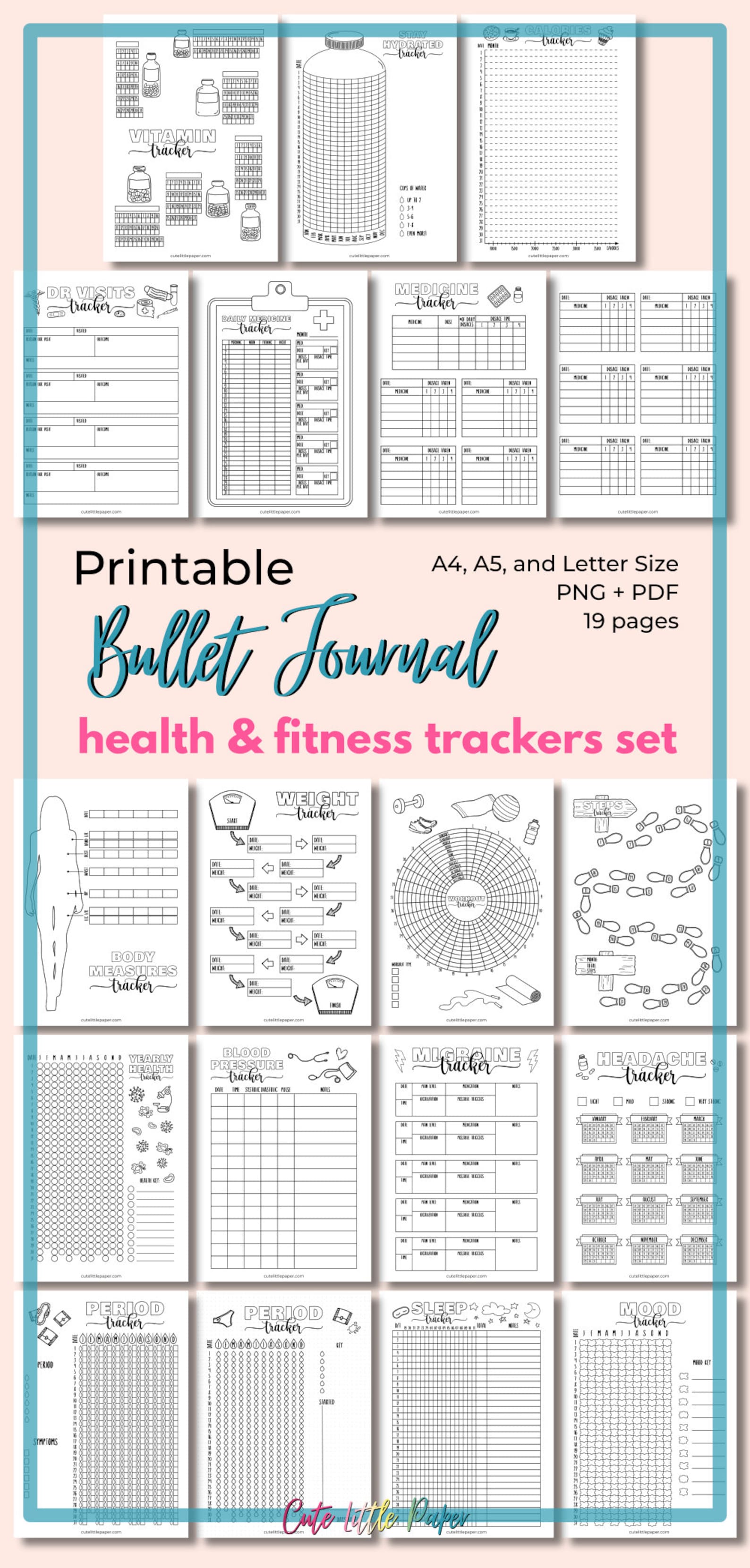 Bullet Journal Health & Fitness Trackers Set. 19 Printable - Etsy