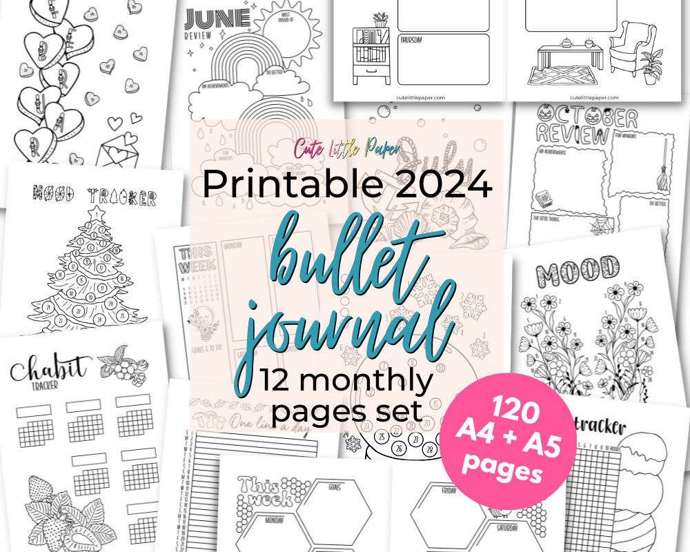 2024 Bullet Journal Monthly Pages Set. 120 Printable Bujo Pages. Sunday ...