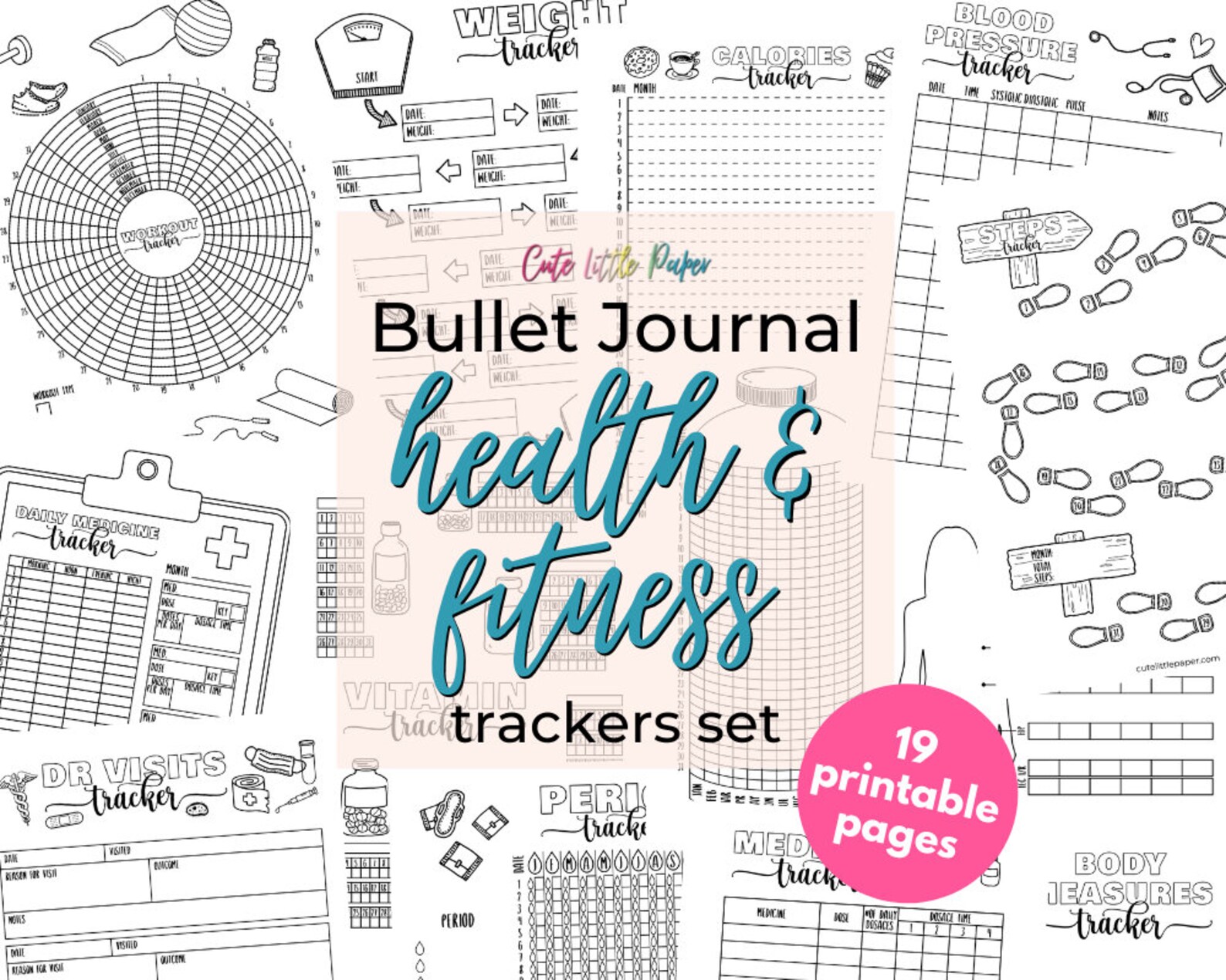 Bullet Journal Health & Fitness Trackers Set. 19 Printable Bujo ...