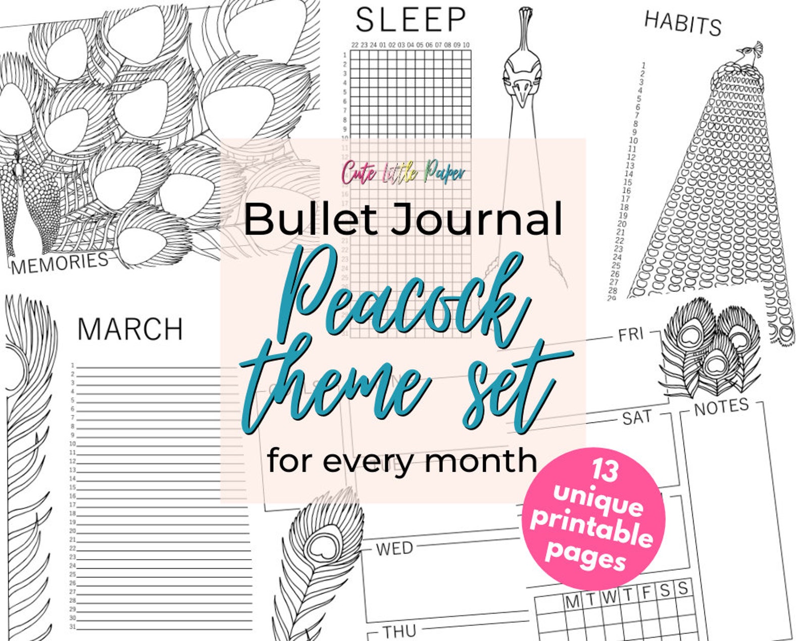 Peacock Bullet Journal Printable Template Pages. Monthly Spread, Weekly ...
