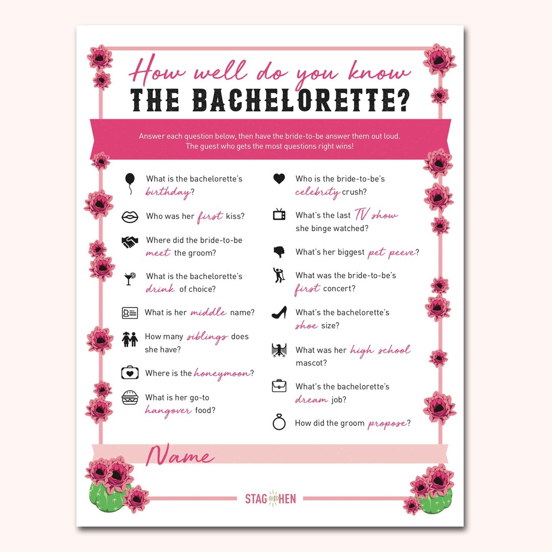 Nashville Bachelorette Party Game Bride Quiz Printable PDF Instant ...
