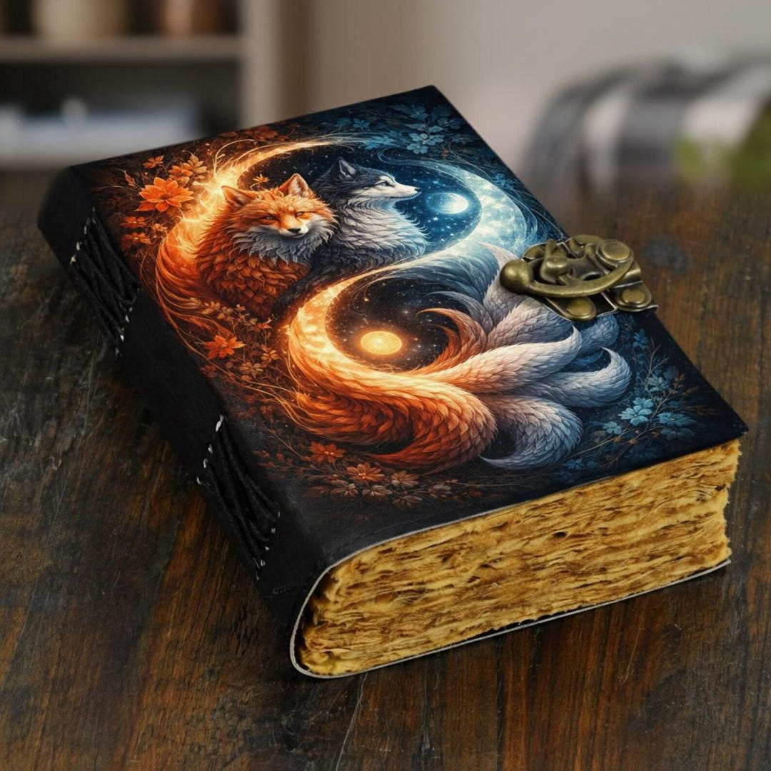 Yin Yang Fox Leather Journal Refillable Fantasy Fox Notebook Sun Moon ...