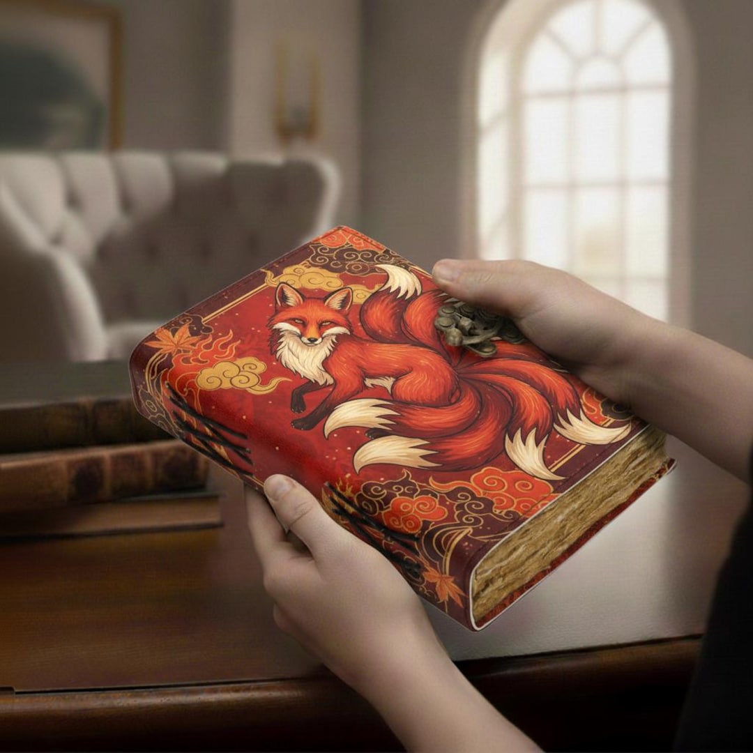 Kitsune Fox Leather Journal With Lock, Japanese Style Fox Notebook ...
