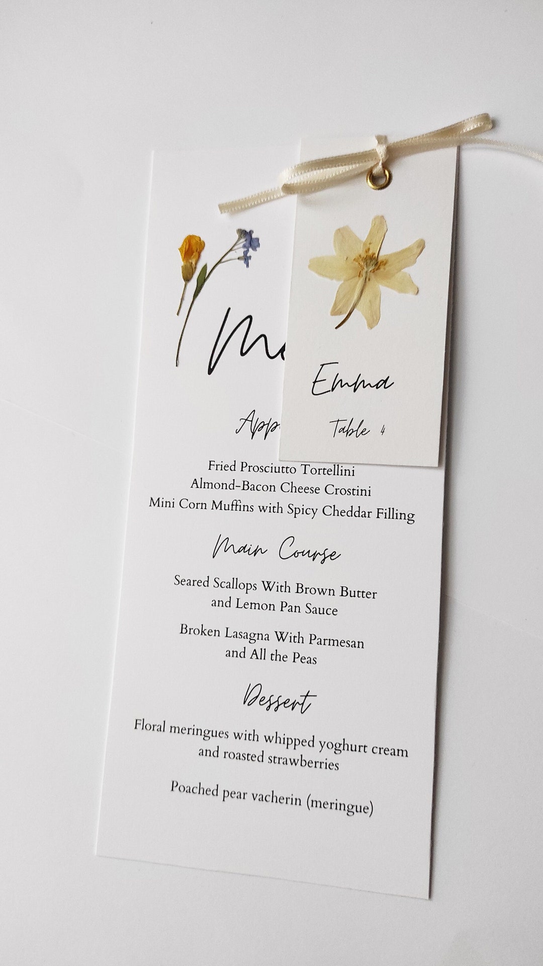 PRINTED Wedding Menu and Place Card With Real Pressed Flowers, Guest ...