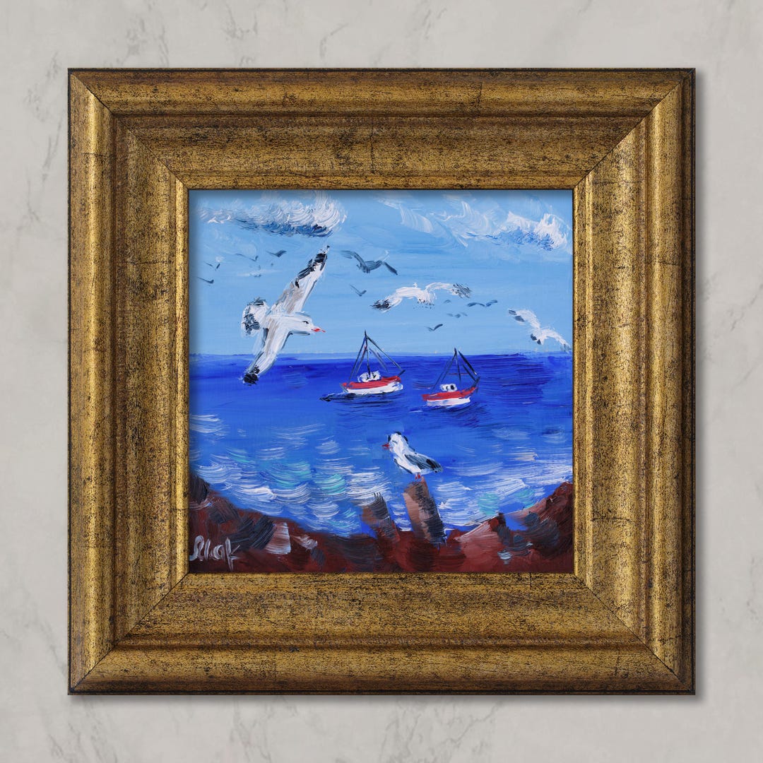 Seagull Oil Painting: Original Seascape Art, Fly Bird & Boat - Etsy