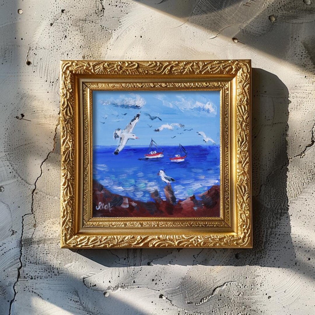 Seagull Oil Painting Seascape Original Wall Art Fly Bird Artwork Boat ...