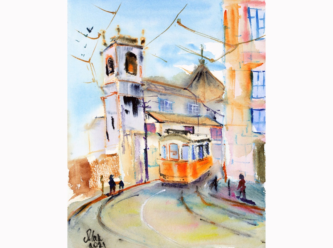 Lisbon Tram Painting Portugal Original Watercolor Lisbon Cityscape Art ...