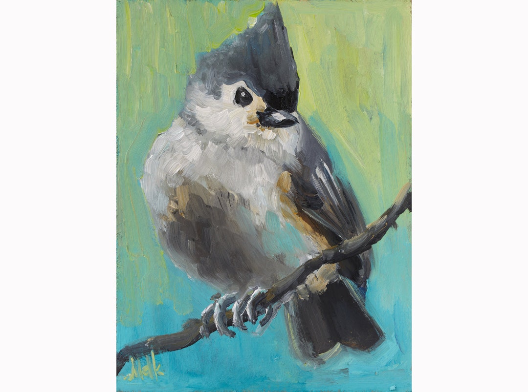 Tufted Titmouse Oil Painting Bird Original Small Anomal Wall Art House ...
