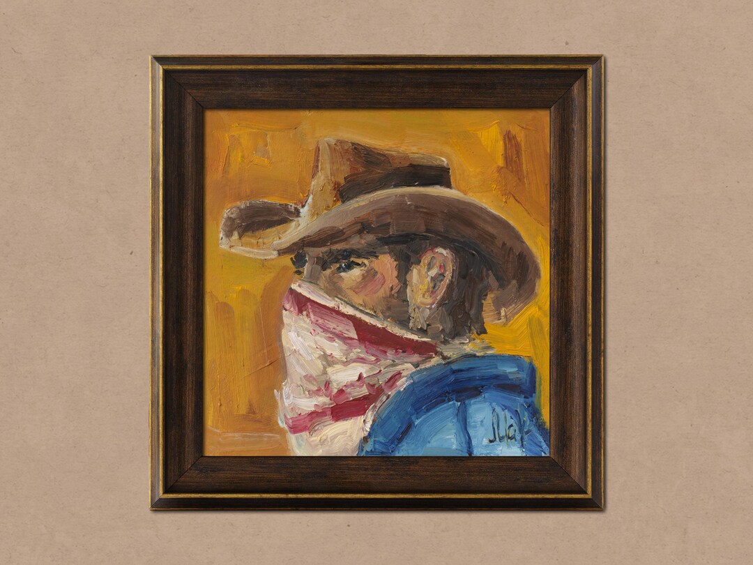 Cowboy Painting Western Original Wall Art Texas Painting in Frame Horse ...