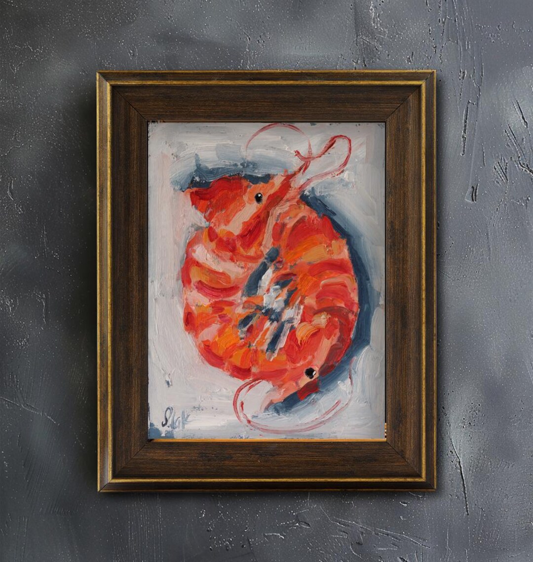Prawn Oil Painting Framed Shrimp Original Wall Art Seafood Fish Wall ...