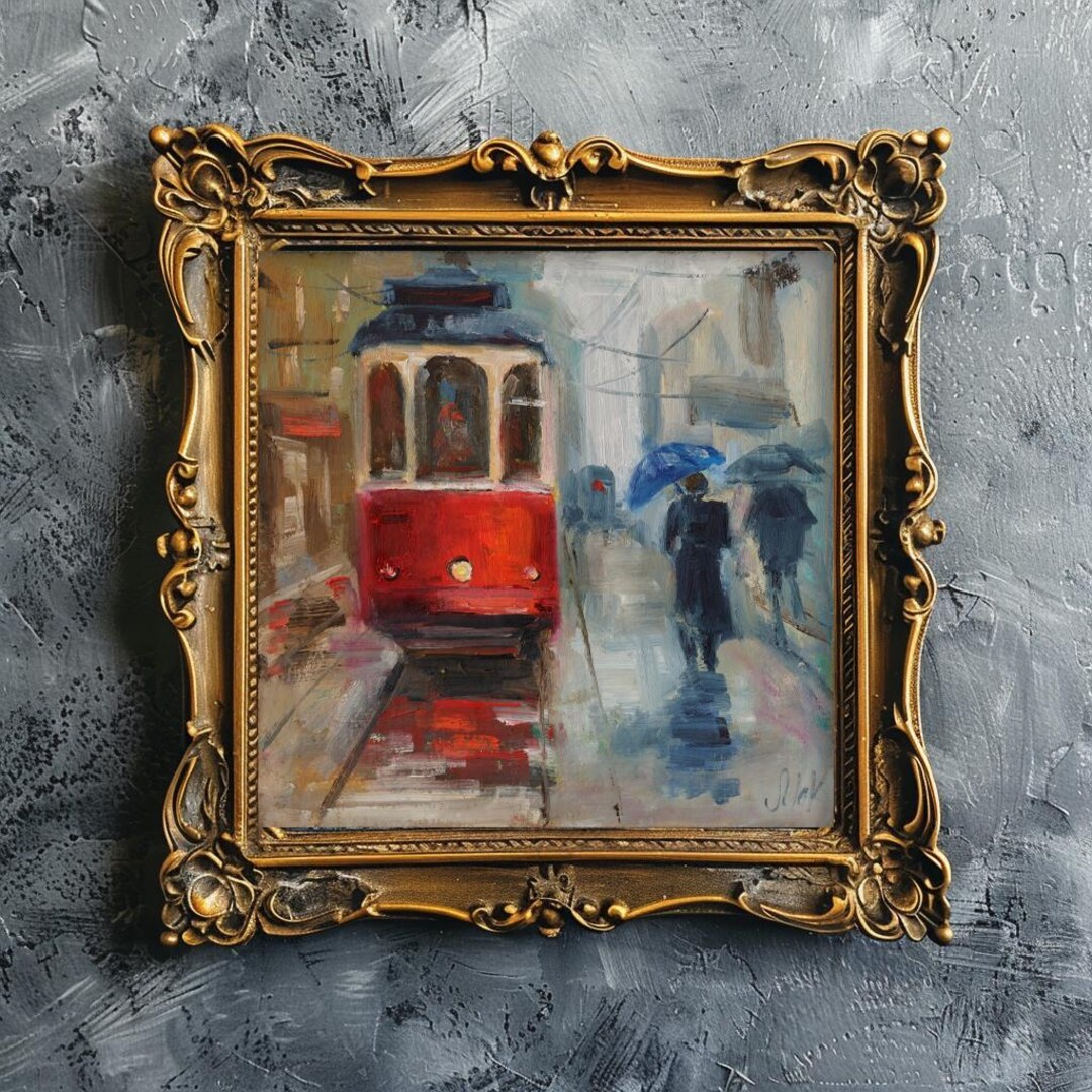 Red Tram Painting New York Original Wall Art City Oil Painting Night ...