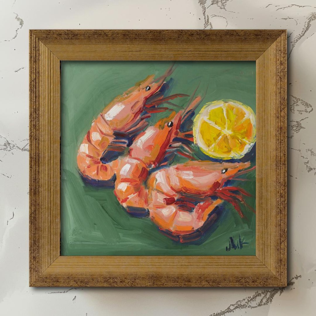 Prawn Oil Painting Shrimp With Lemon Original Wall Art in Frame Seafood ...