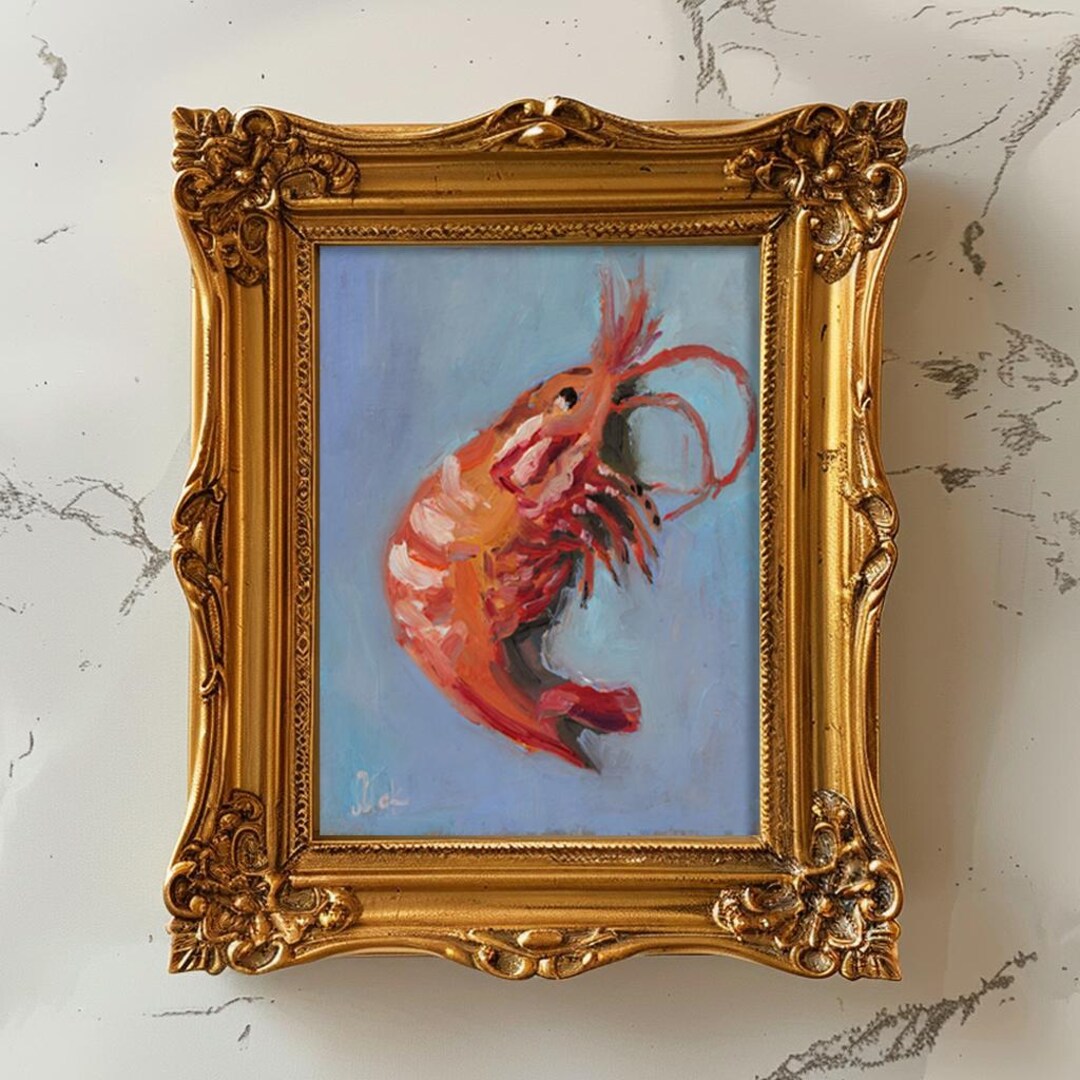 Prawn Oil Painting in Frame Shrimp Original Wall Art Seafood Paintings ...