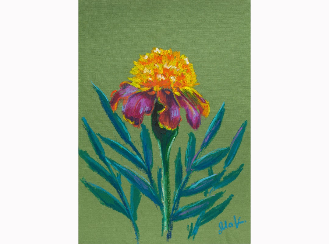 Original Marigold Oil Pastel Painting: October Birth Flower Art, 12x8 ...