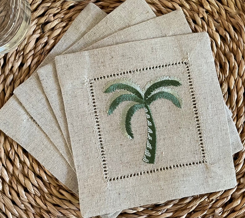 Palm Tree Natural Linen Cocktail Napkins-embroidered - Etsy